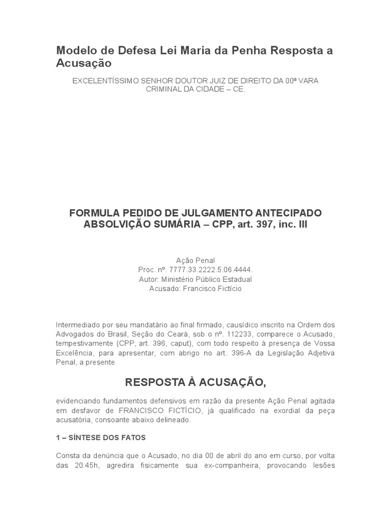 Modelo de Defesa Lei Maria Da Penha Resposta A Acusação | PDF | Réu ...