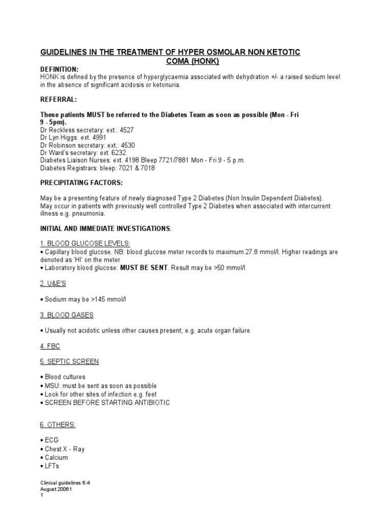 Guidelines in The Treatment of Hyper Osmolar Non Ketotic Coma (Honk ...