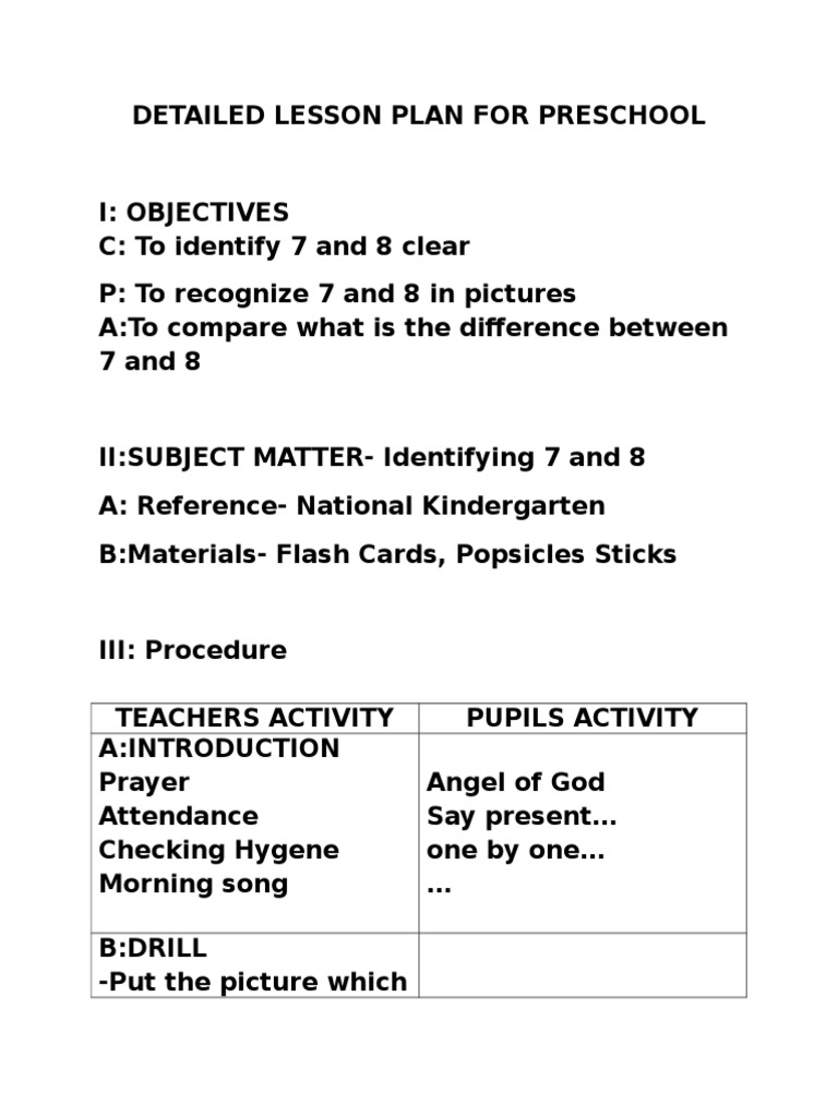 Preschool Lesson Plan: Numbers 7 & 8 | PDF | Behavior Modification ...