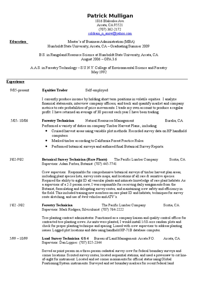 Patrick Mulligan Natural Resource Resume | Nature | Business