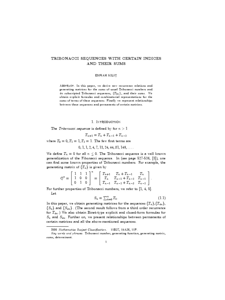 TRIBONACCI SEQUENCES WITH CERTAIN INDICES AND THEIR SUMS | PDF | Matrix ...