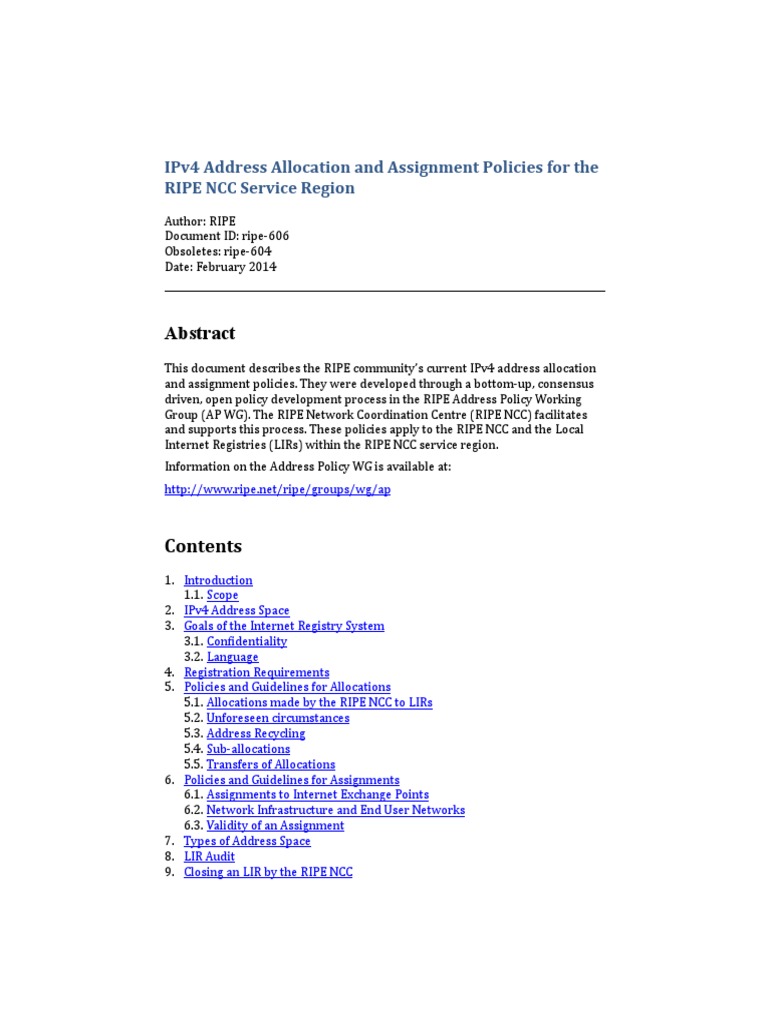 Ipv4 Address Allocation and Assignment Policies For The Ripe NCC ...