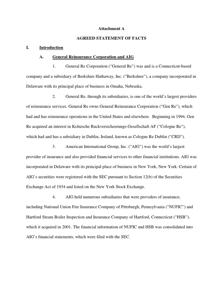 General Re's Agreed Statement of Facts | PDF | Insurance | Business