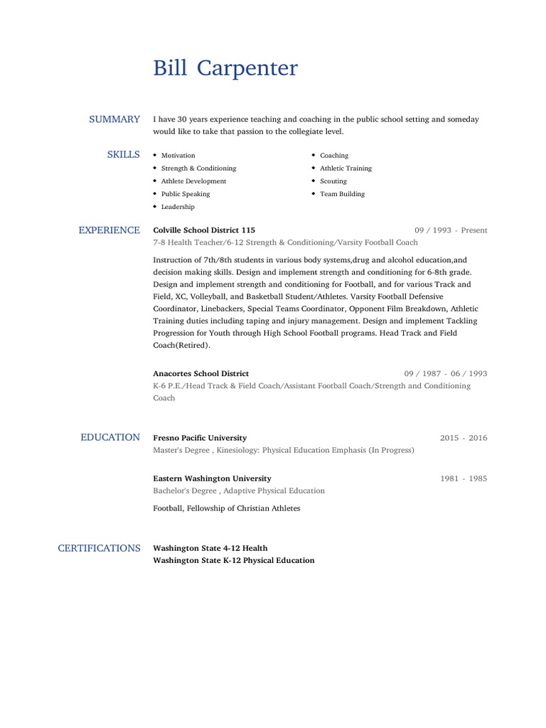 Bill Carpenter Resume | PDF | Sports & Recreation