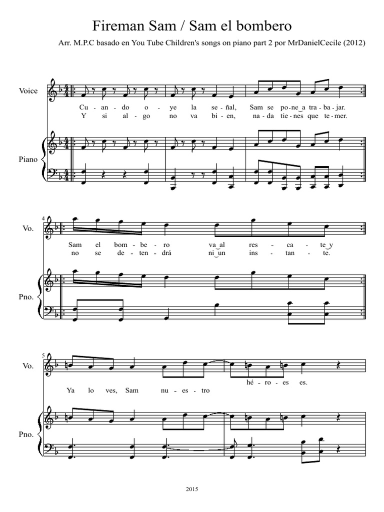 Fireman Sam Piano Sheet With Lyrics in Spanish | PDF