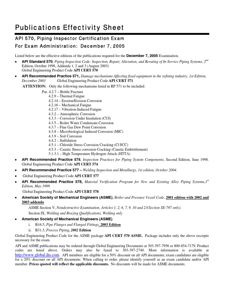 Publications Effectivity Sheet: API 570, Piping Inspector Certification Exam For Exam ...
