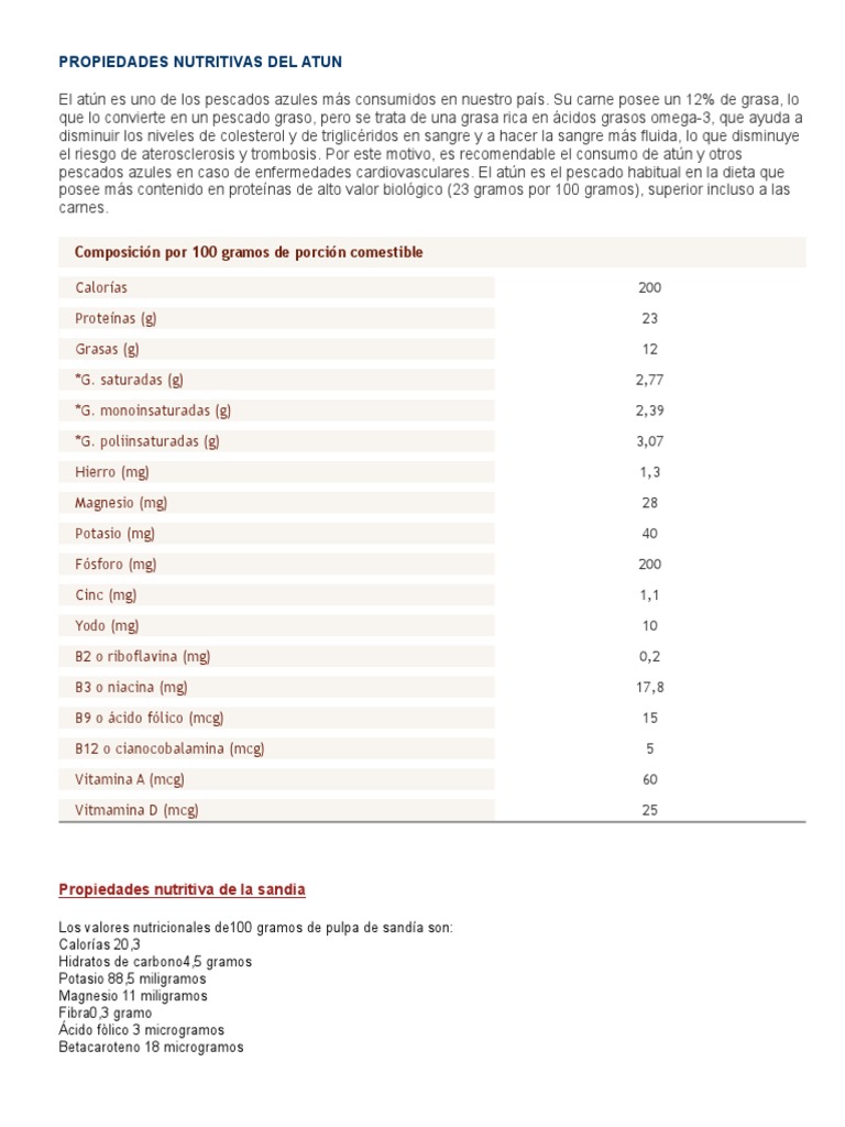 Propiedades Nutritivas Del Atun | PDF | Nutrientes | Calcio