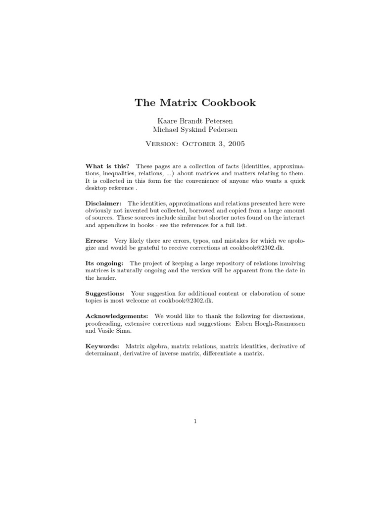 Matrix Cookbook | PDF | Matrix (Mathematics) | Eigenvalues And Eigenvectors