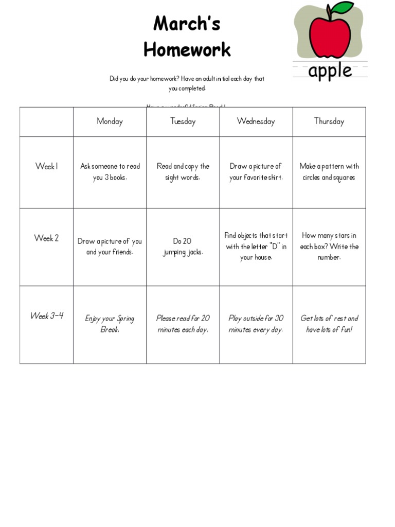 March Homework and Spring Break Activities | PDF