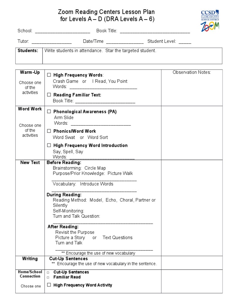 Zoom Reading Centers Lesson Plan A-D | PDF | Career & Growth | Language ...
