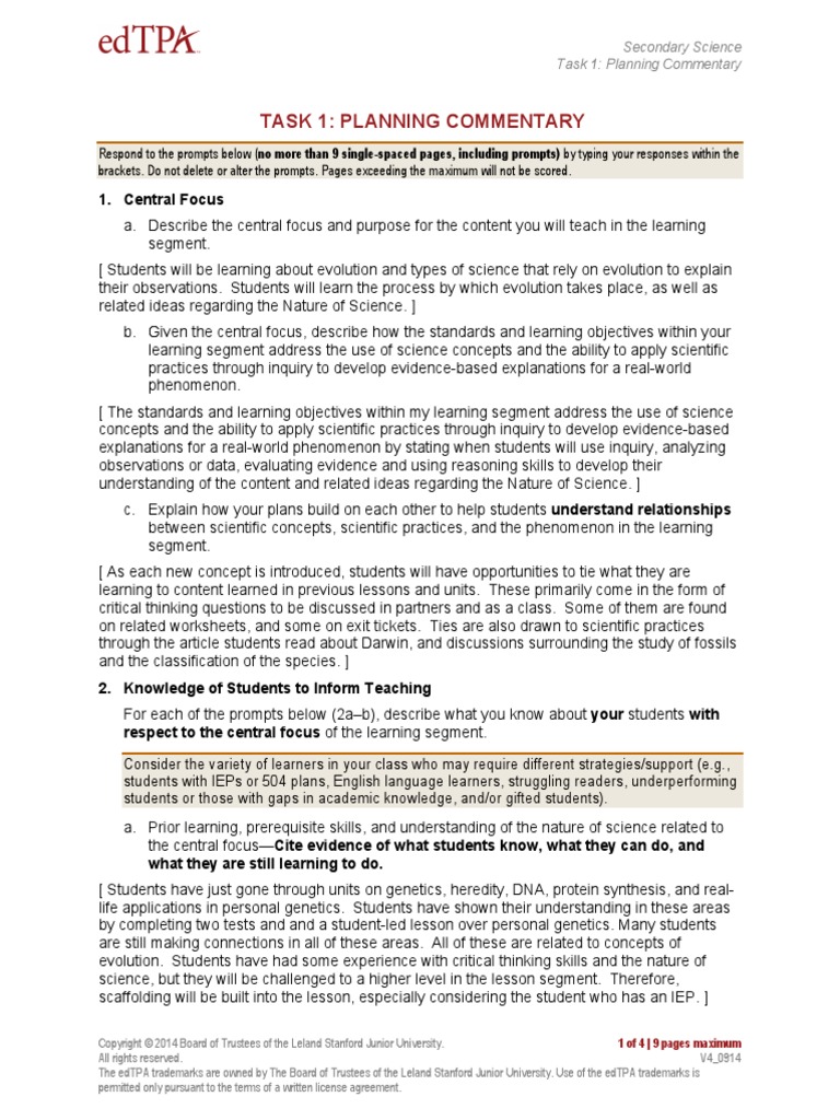 EdTPA SES Planning Commentary Danielle Wilson | PDF | Learning Theory ...