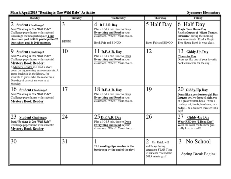 Reading Month Activities Calendar (Final) | PDF