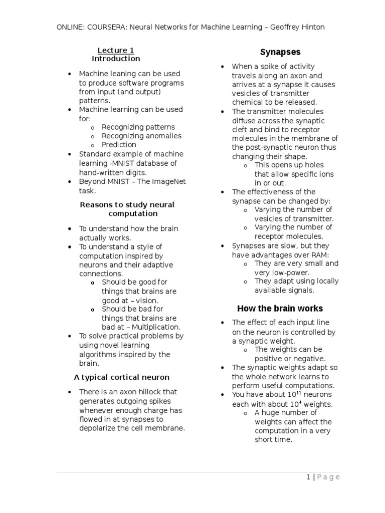 (Coursera) Neural Networks For Machine Learning - Geoffery Hinton | PDF | Artificial Neural ...