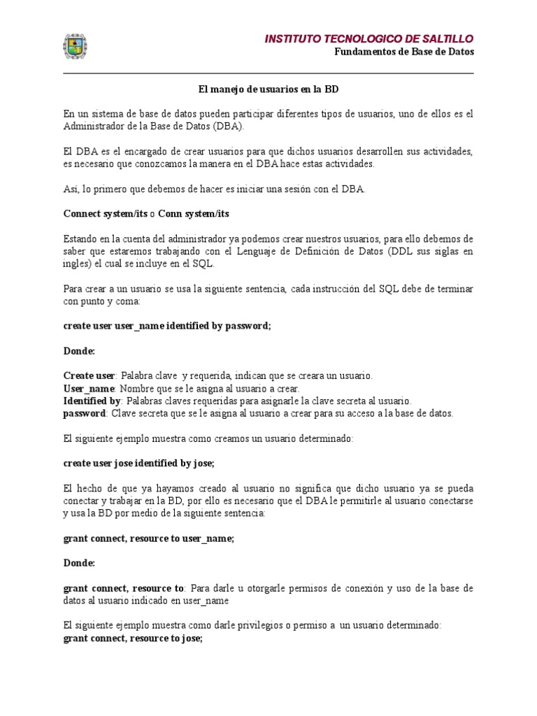 Manejo de Usuarios en La Base de Datos | PDF | SQL | Recuperación de información