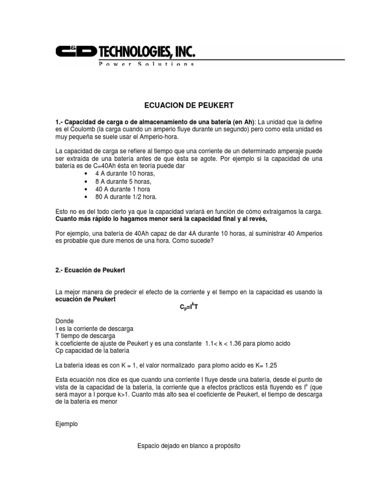 Ecuación de Peukert y Capacidad de Baterías | PDF | Batería ...