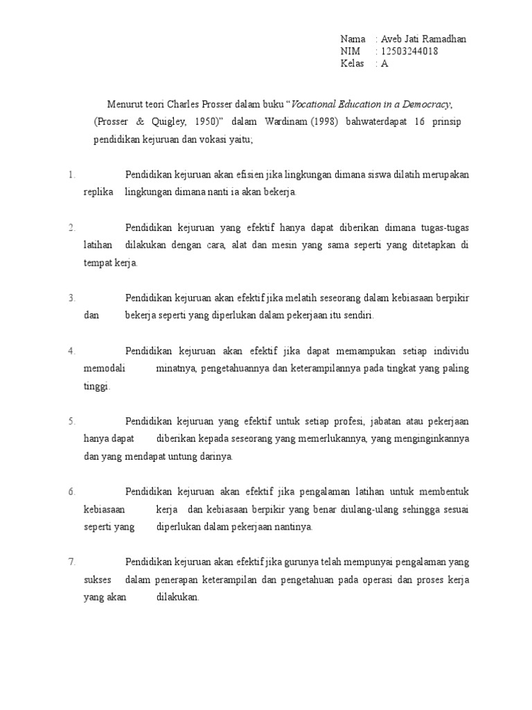 Menurut Teori Charles Prosser Dalam Buku | PDF