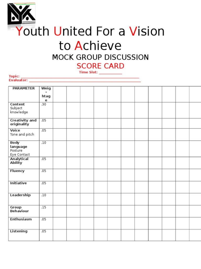 Group Discussion Evaluation sheet YUVA | Body Language | Communication