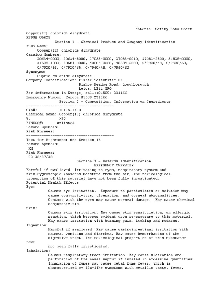 Copper(II) Chloride Dihydrate MSDS | PDF | Personal Protective ...