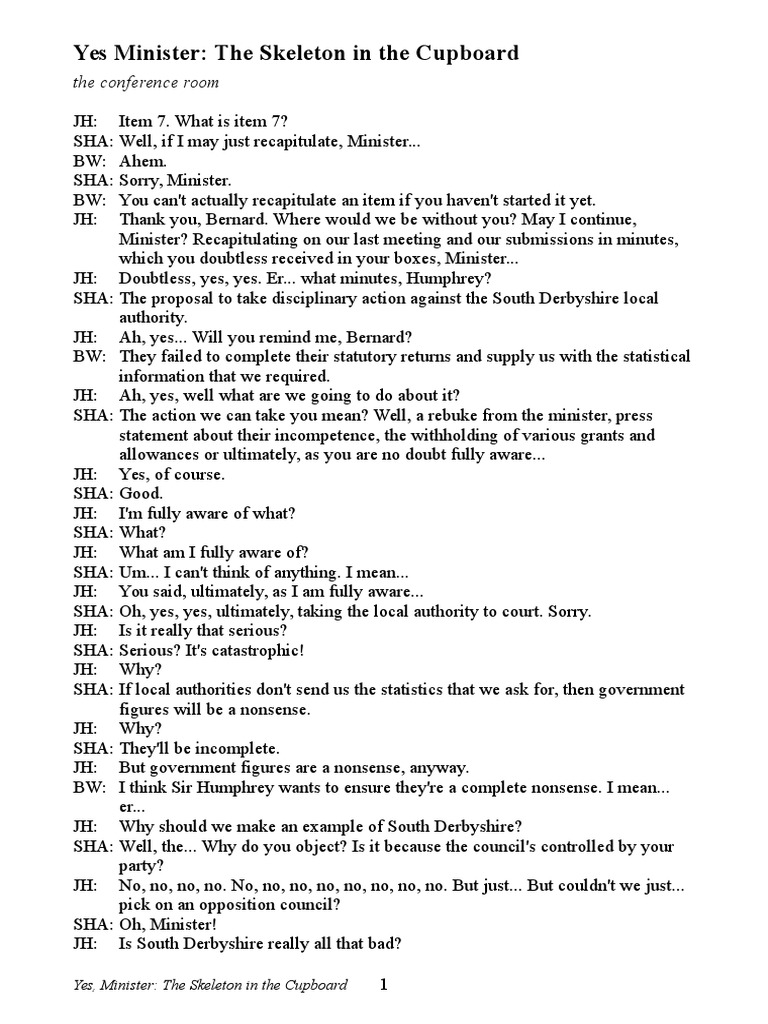 Yes Minister - Skeleton in The Cupboard S3E3 Transcription | PDF