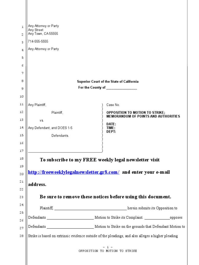 Sample Opposition To Motion To Strike For California | PDF | Pleading ...