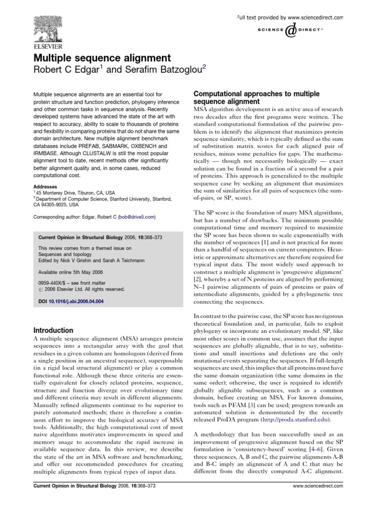 Multiple Sequence Alignment: Robert C Edgar and Serafim Batzoglou | Download Free PDF | Sequence ...
