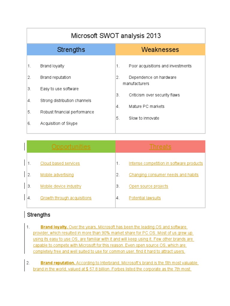 Microsoft SWOT Analysis Overview 2013 | PDF | Apple Inc. | Google
