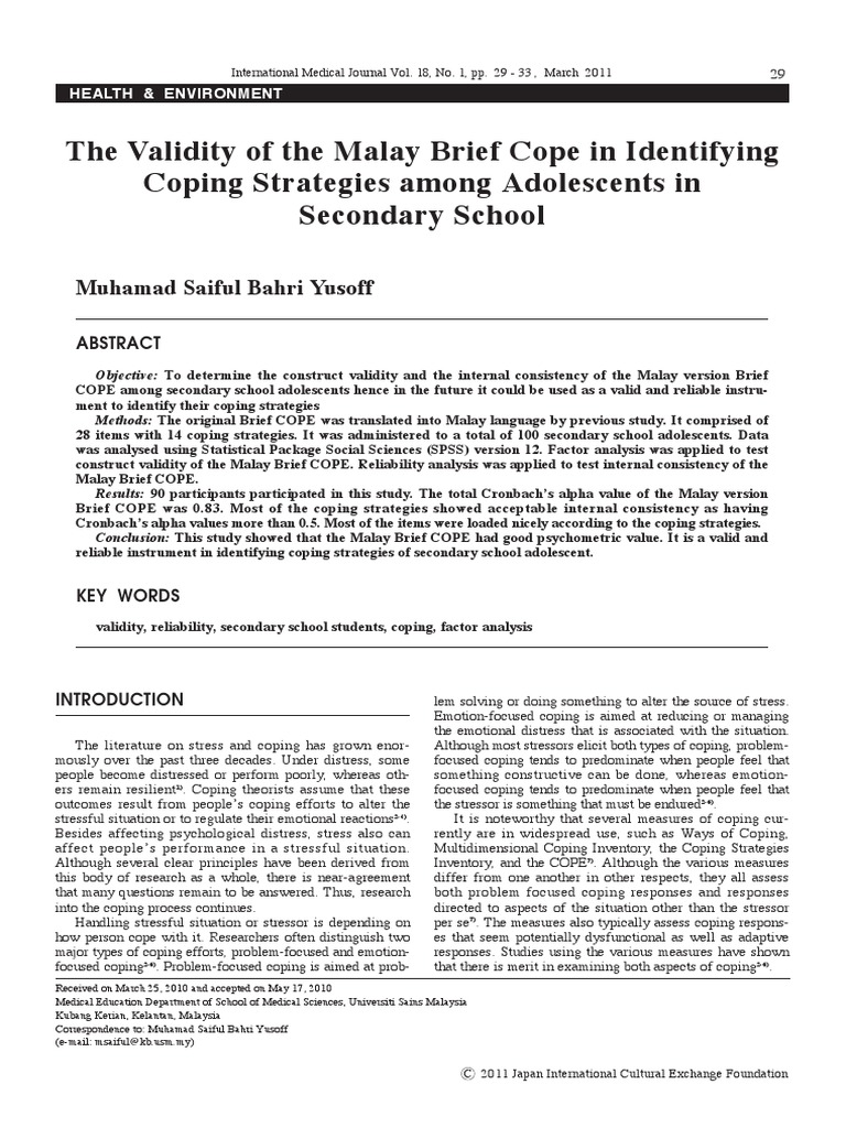 Validity of Malay Brief COPE for Teens | PDF | Cronbach's Alpha ...