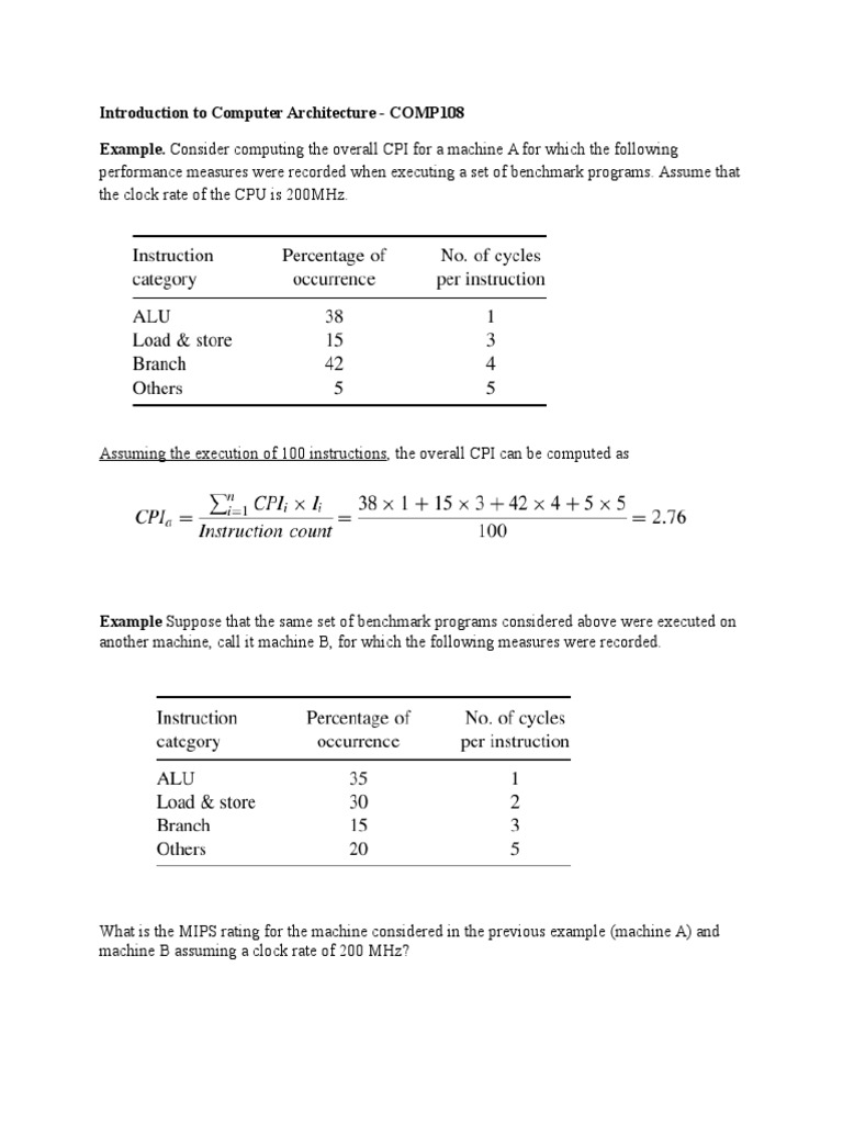 Introduction To Computer Architecture - COMP108 Example. Consider ...