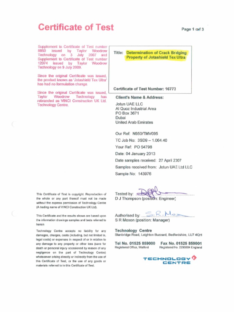Certificate of Test Jotashield Tex Ultra | PDF