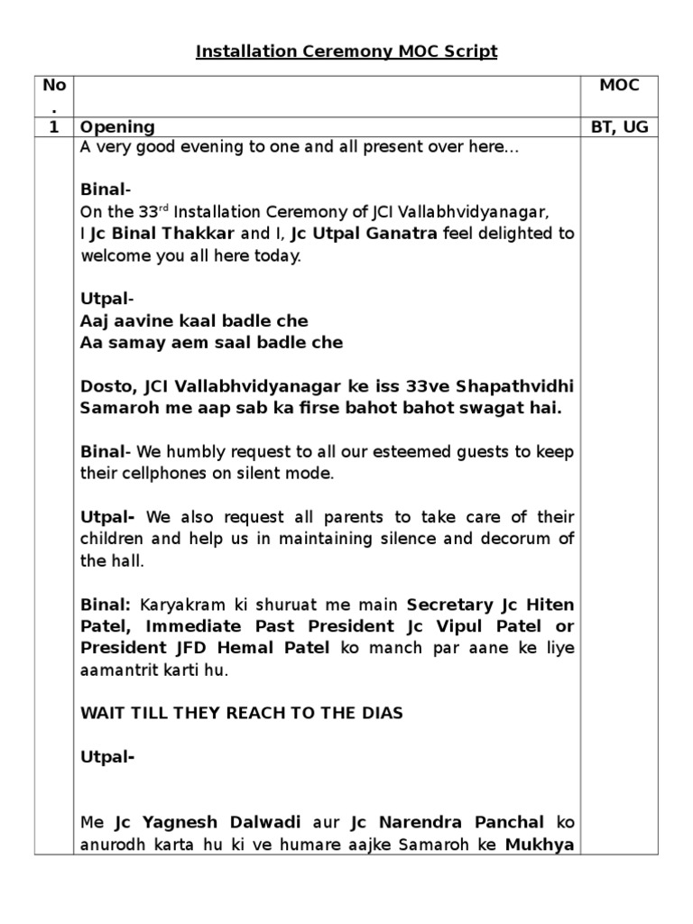 Installation Ceremony MOC Script - Utpal Bhai | PDF | Nature