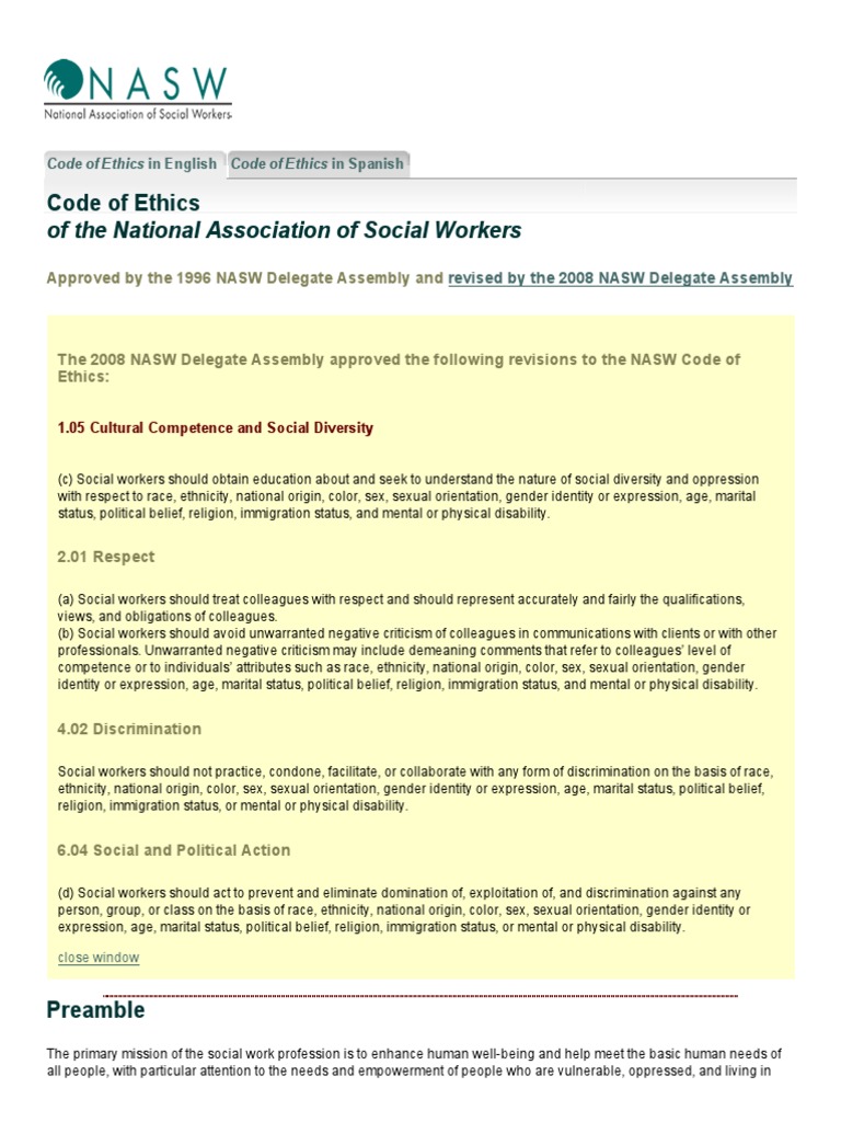 Code of Ethics of the National Association of Social Workers ...