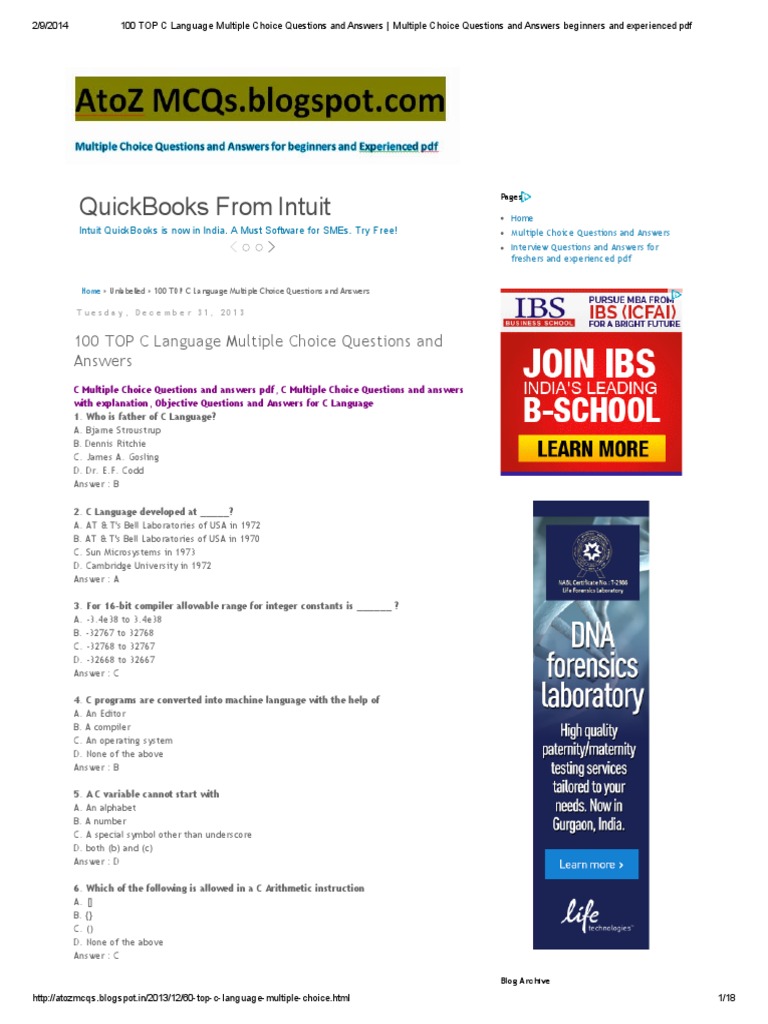 100 TOP C Language Multiple Choice Questions and Answers - Multiple ...