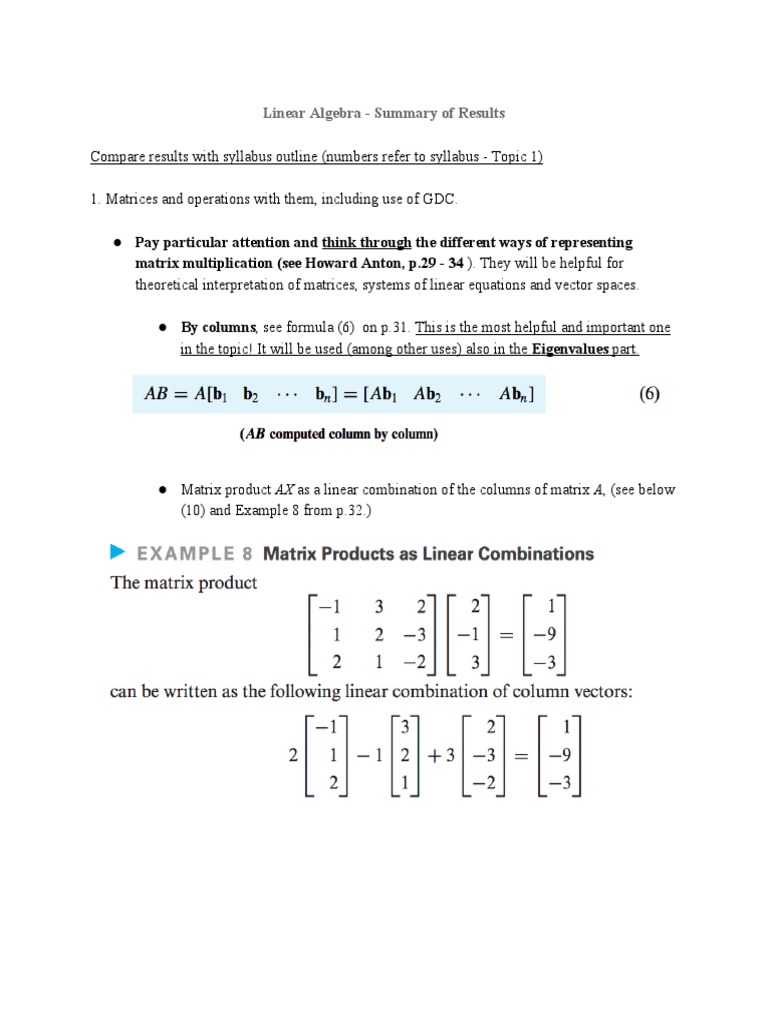 IB Further Math Linear Algebra Summary PDF Eigenvalues And 