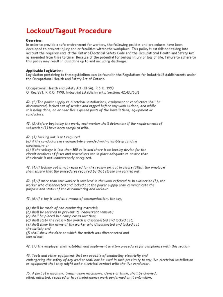 Lockout Tag Out Procedure | PDF | Electricity | Mechanical Engineering