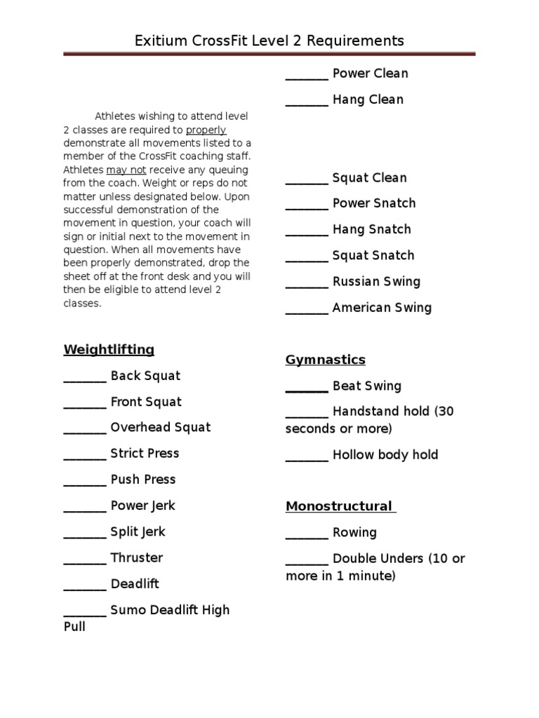 Level 2 CrossFit Skills Checklist | PDF