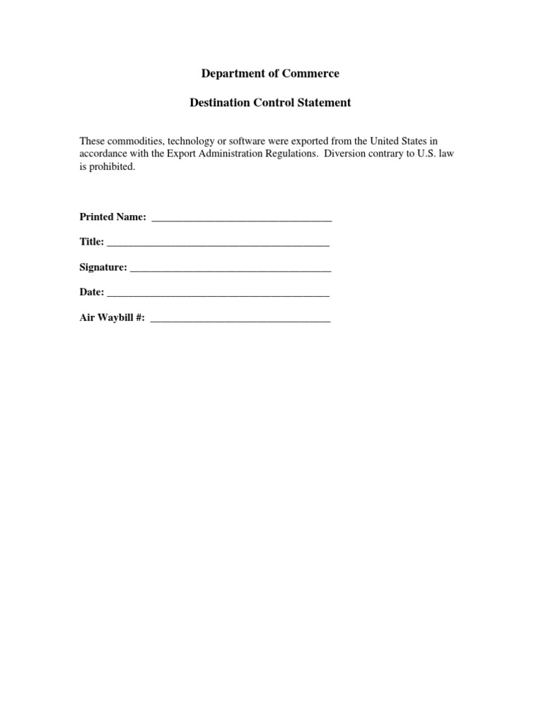 Department of Commerce Destination Control Statement | PDF