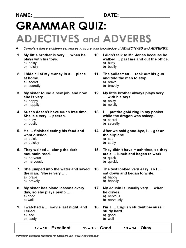 Esl Topics Quiz Adjectivesadverbs | PDF | Adverb | Adjective