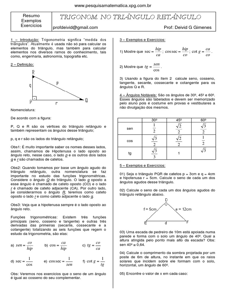 Exercícios Trigonometria No Triângulo Retângulo Pdf Trigonometria