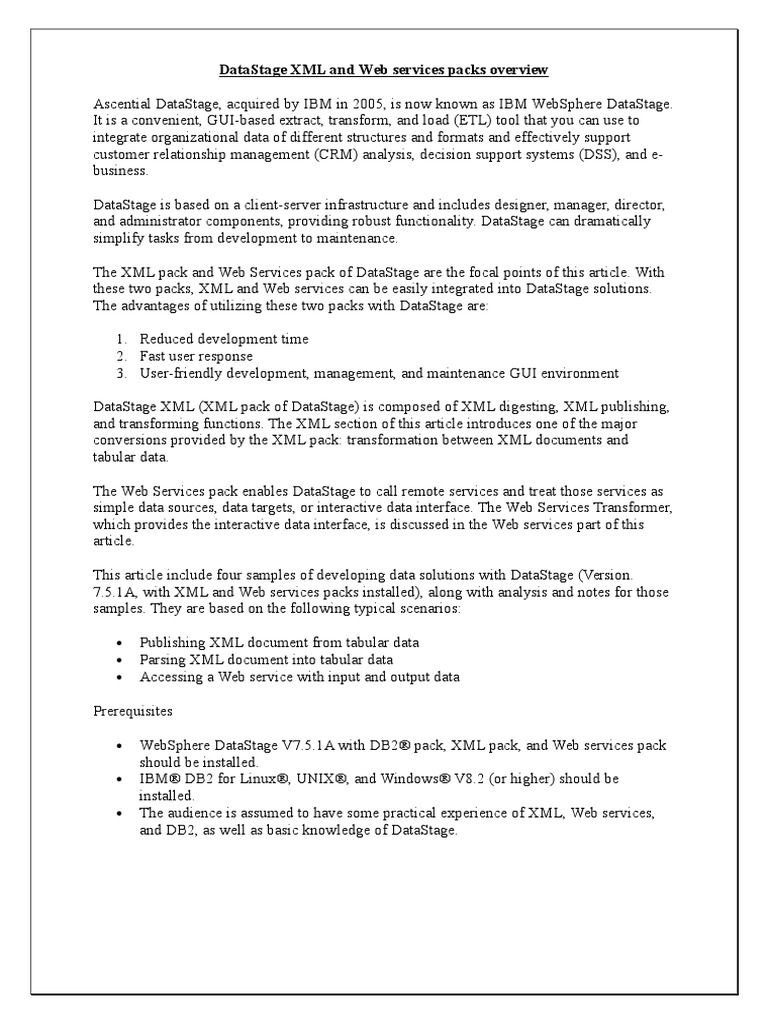 DataStage XML and Web Services Packs Overview | PDF | Xml | Sql