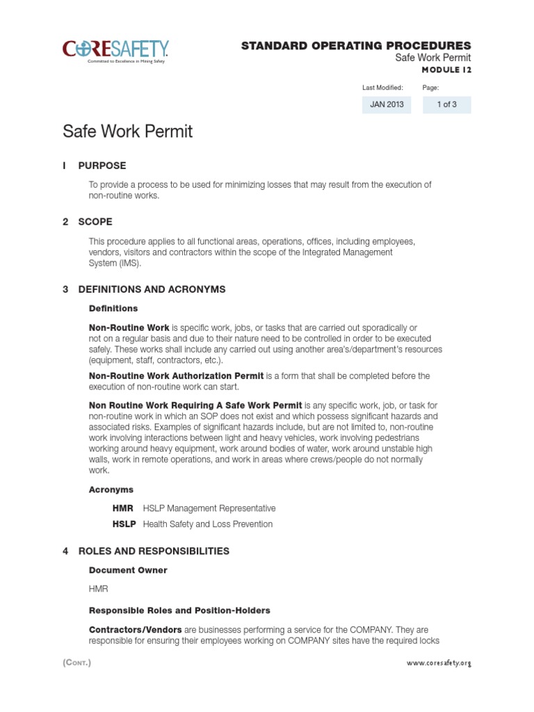 Safe Work Permit: Standard Operating Procedures | PDF | Employment | Safety