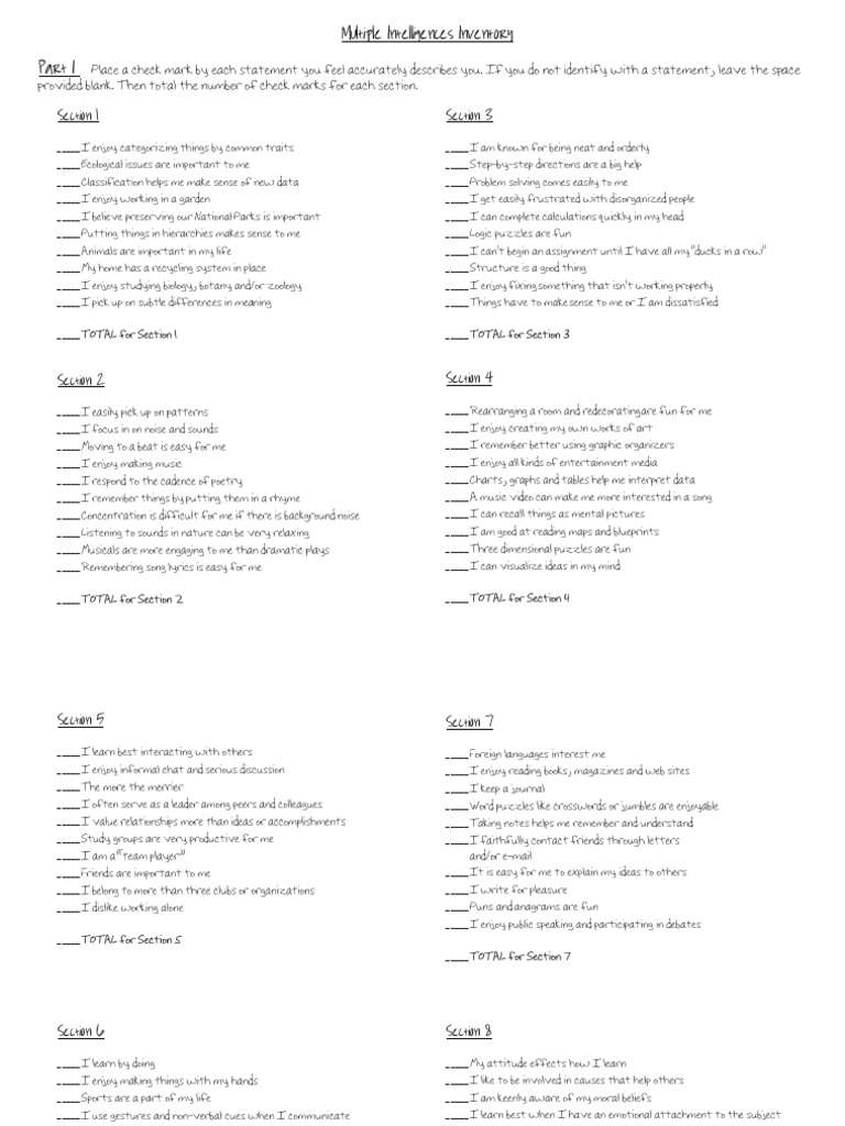 Multiple Intelligences Inventory No Existential | PDF | Finance & Money ...