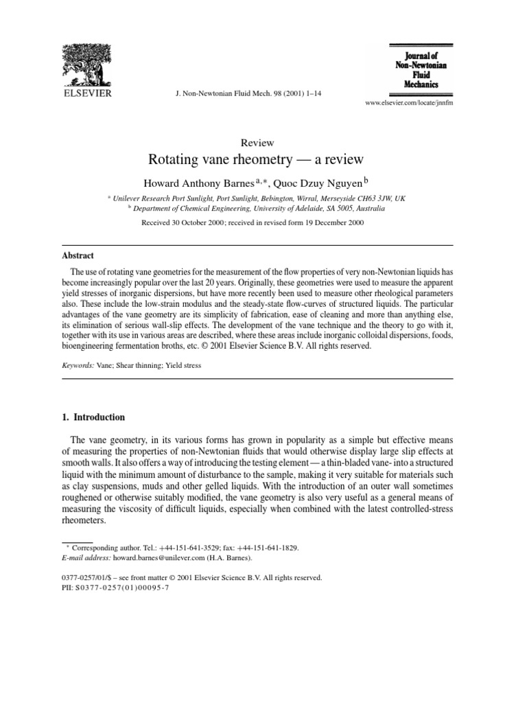 Rotating Vane Rheometry-Areview | PDF | Rheology | Viscosity