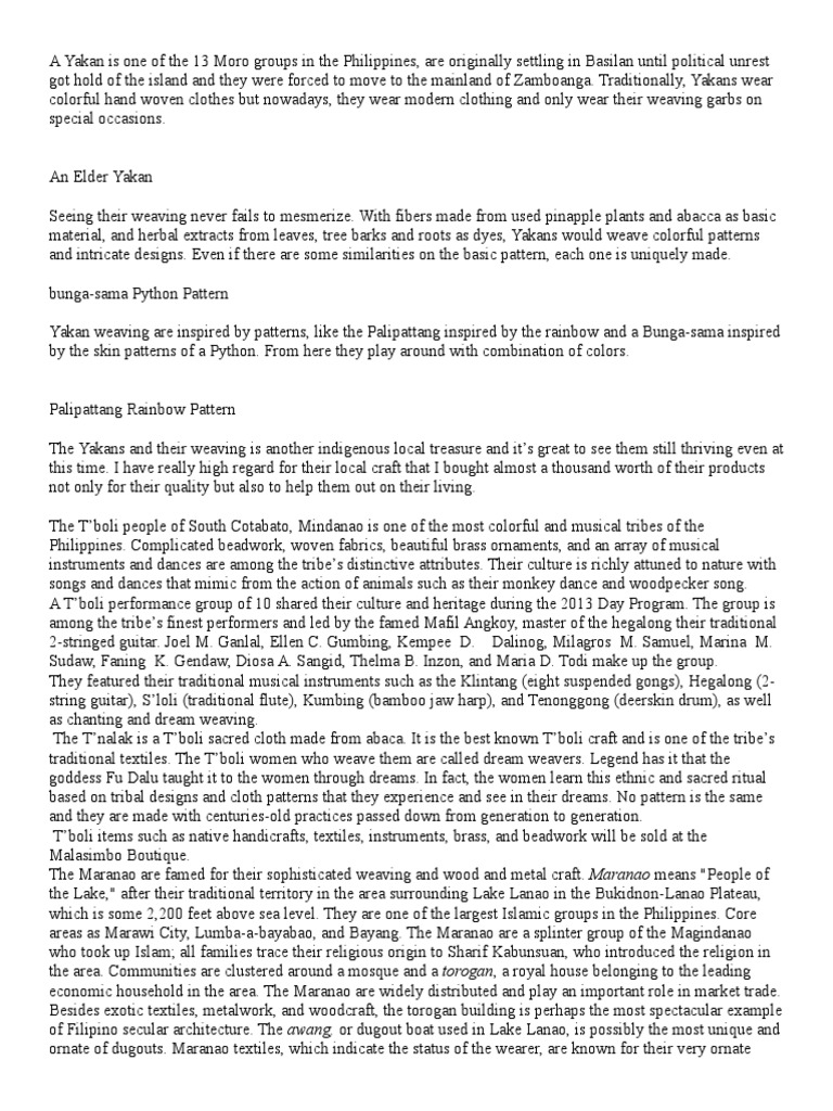 Yakan, T'boli, and Maranao Weaving Traditions | PDF | Weaving