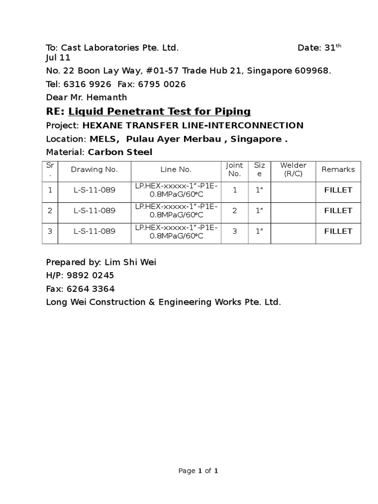 Liquid Penetrant Test Report for Piping | PDF
