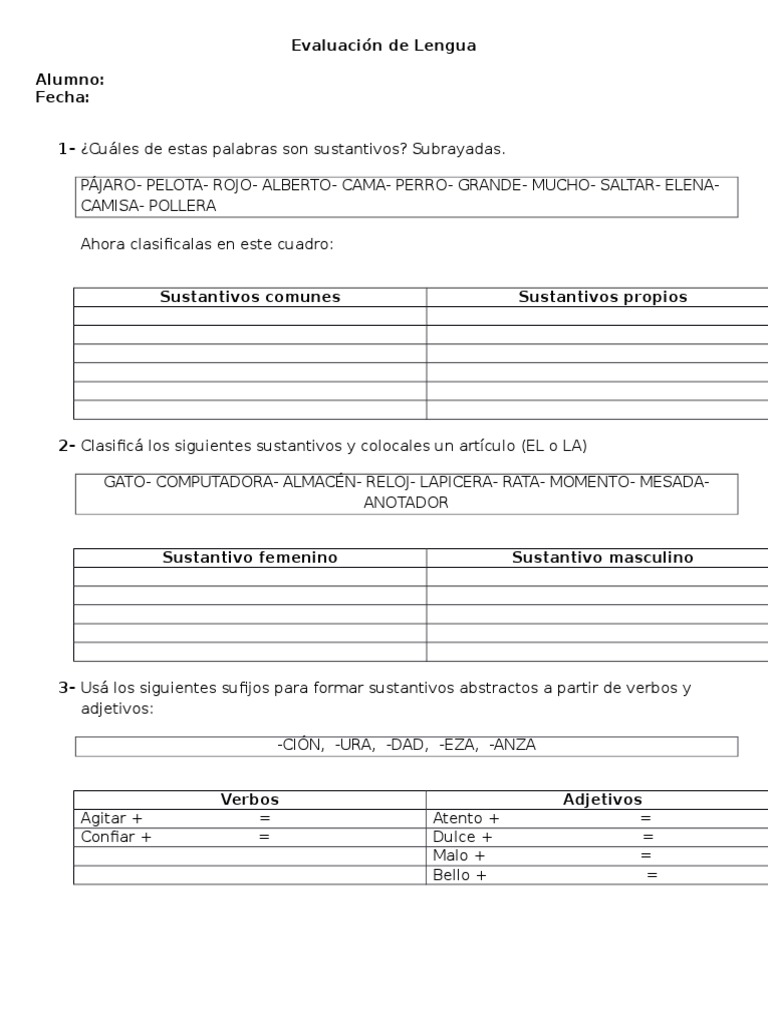 Evaluación de Sustantivos en Lengua | PDF