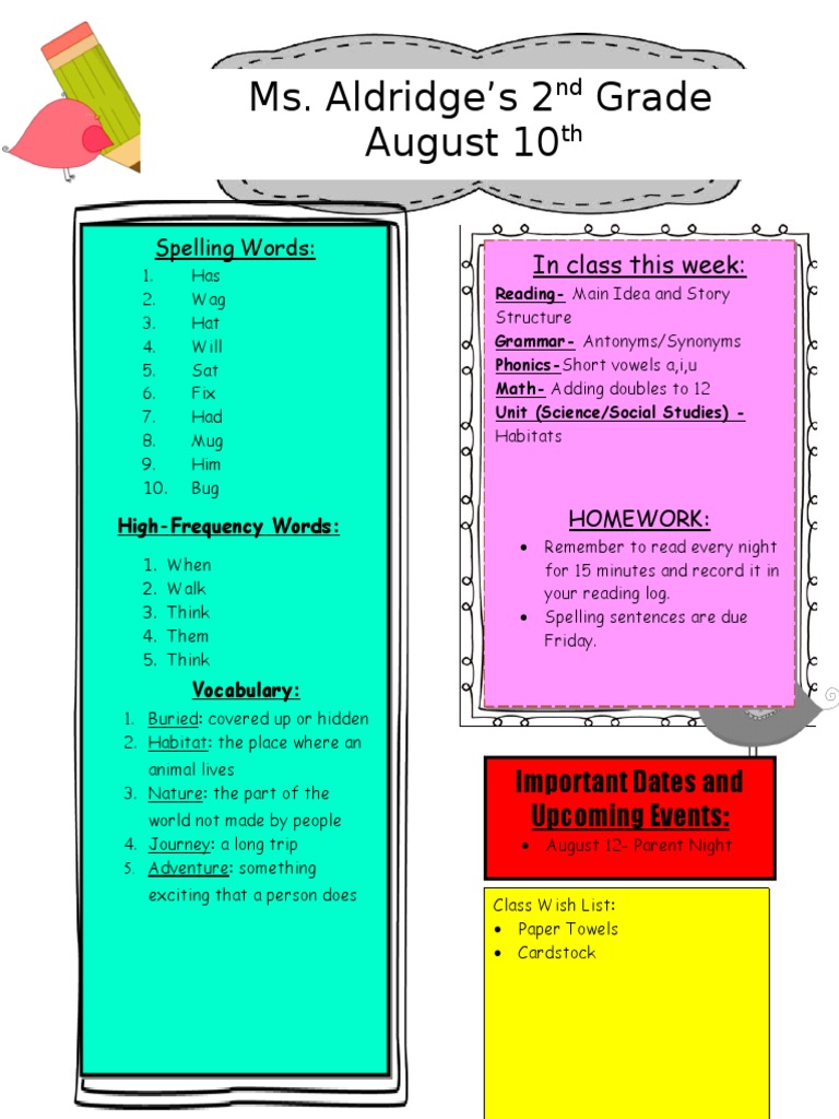 2nd Grade Weekly Overview: Spelling & Homework | PDF