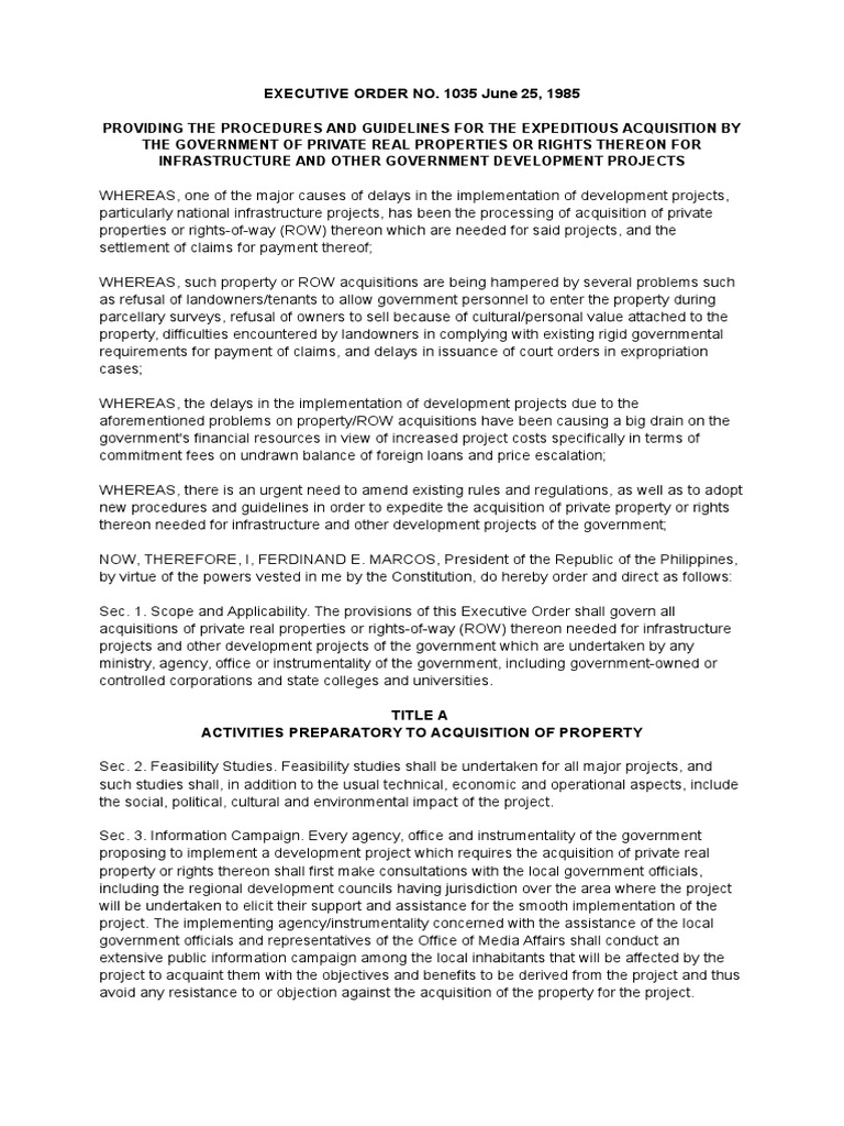 Executive Order 1035 | PDF | Eminent Domain | Deed