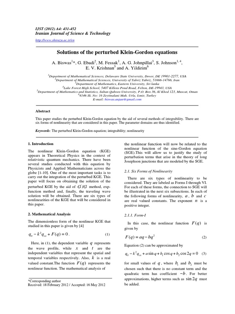 Solutions of The Perturbed Klein-Gordon Equations | PDF | Ordinary Differential Equation ...