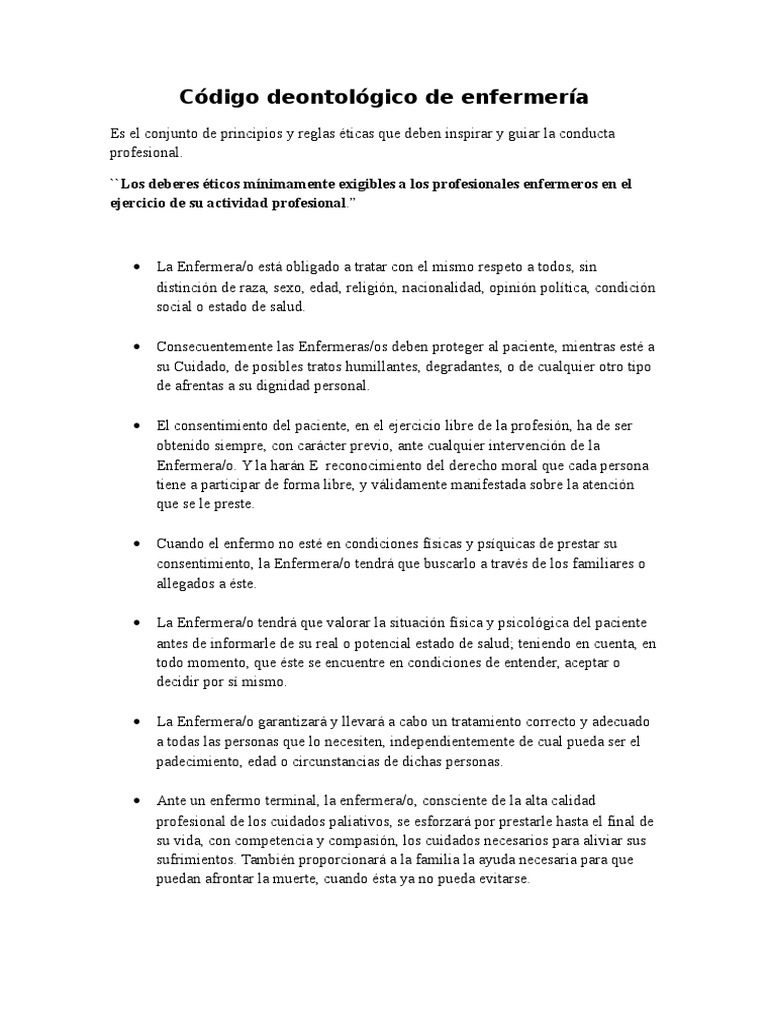 Código Deontológico de Enfermería | PDF | Enfermería | Cuidados paliativos