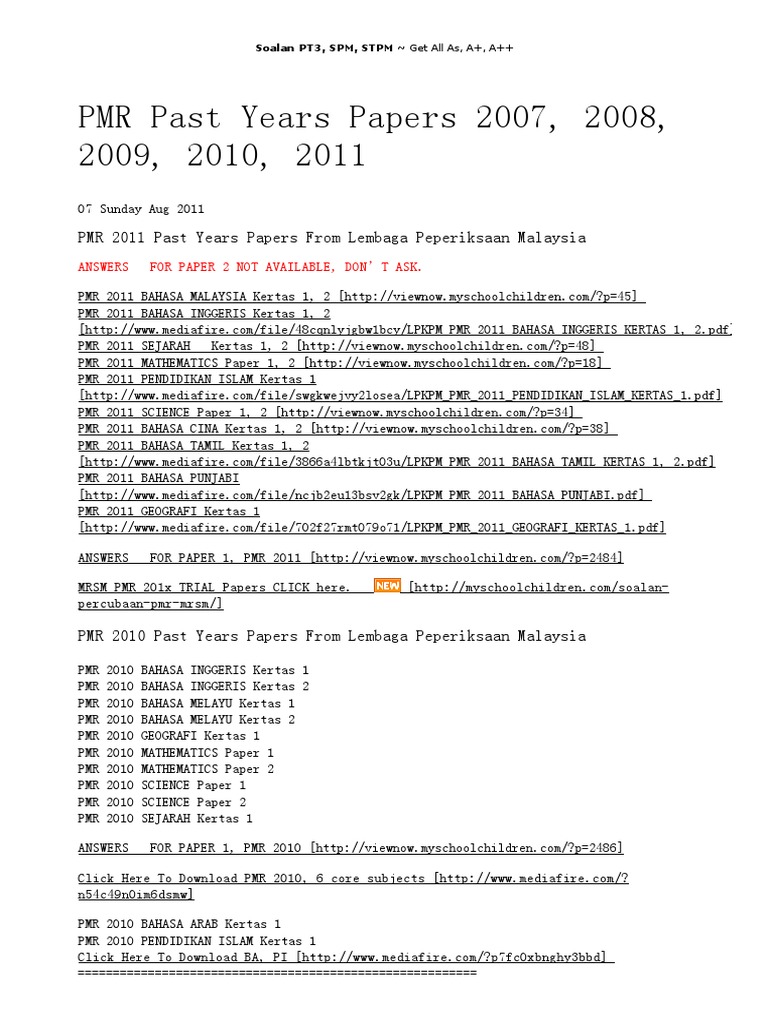 PMR Past Years Papers 2007, 2008, 2009, 2010, 2011 - Soalan PT3, SPM ...